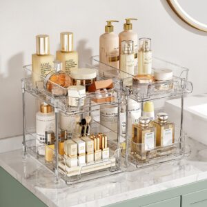 2 packs 2-tier bathroom counter organizer, pull-out skincare perfume make up organizers for vanity countertop tray with 4 removable dividers, transparent bathroom organizers and storage for cabinet