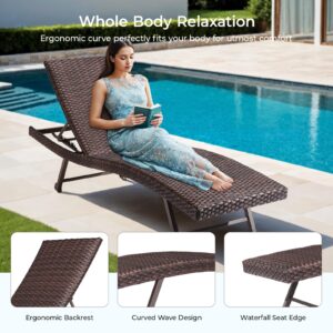 Outdoor Chaise Lounge Chair Set of 2, PE Wicker Lounge Chairs for Outside with Quick Drying Sponge Cushion, Rattan Reclining Chair with Adjustable Backrest Movable Beach Pool Sunbathing Recliner Chair