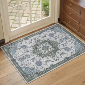 roseek door mat 2x3 rug, small boho area rug for living room, machine washable kitchen rugs non-slip, entry mat indoor low pile throw floral rugs grey carpet for bedroom, entryway, hallways