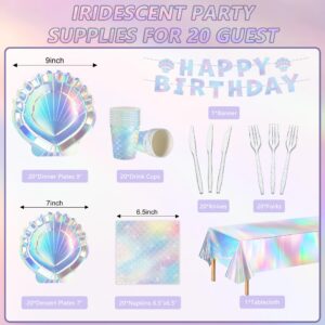 122PCS Mermaid Party Supplies for Girls Baby Shower Birthday Party Under the Sea Little Mermaid Themed Decor Iridescent Shell Plates Napkins Cups Knives Forks Tablecloths Banners Serves 20 Guests