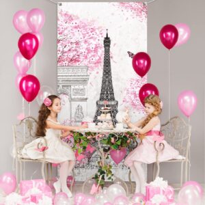 Tatuo Paris Eiffel Tower Backdrop Pink Eiffel Tower Background Banner 70.9 x 35.4 Inch Paris Pink Tree Wall Hanging Decor for Girls Bedroom Living Room Photograph Party Decoration