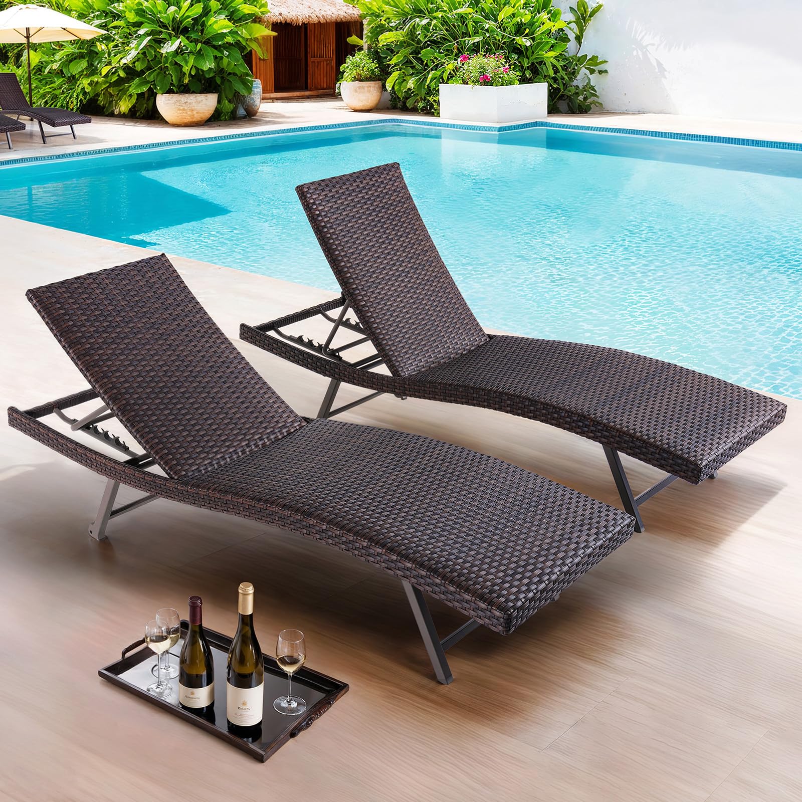 Outdoor Chaise Lounge Chair Set of 2, PE Wicker Lounge Chairs for Outside with Quick Drying Sponge Cushion, Rattan Reclining Chair with Adjustable Backrest Movable Beach Pool Sunbathing Recliner Chair