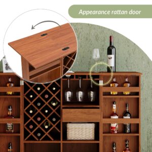 Merax Modern Bar Cabinet with Wine and Glass Rack, Industrial Freestanding Liquor Table & Large Storage Space, Fold Out Rattan Door, 41.9" Home Buffet Sideboard for Kitchen, Dining Room, Walnut