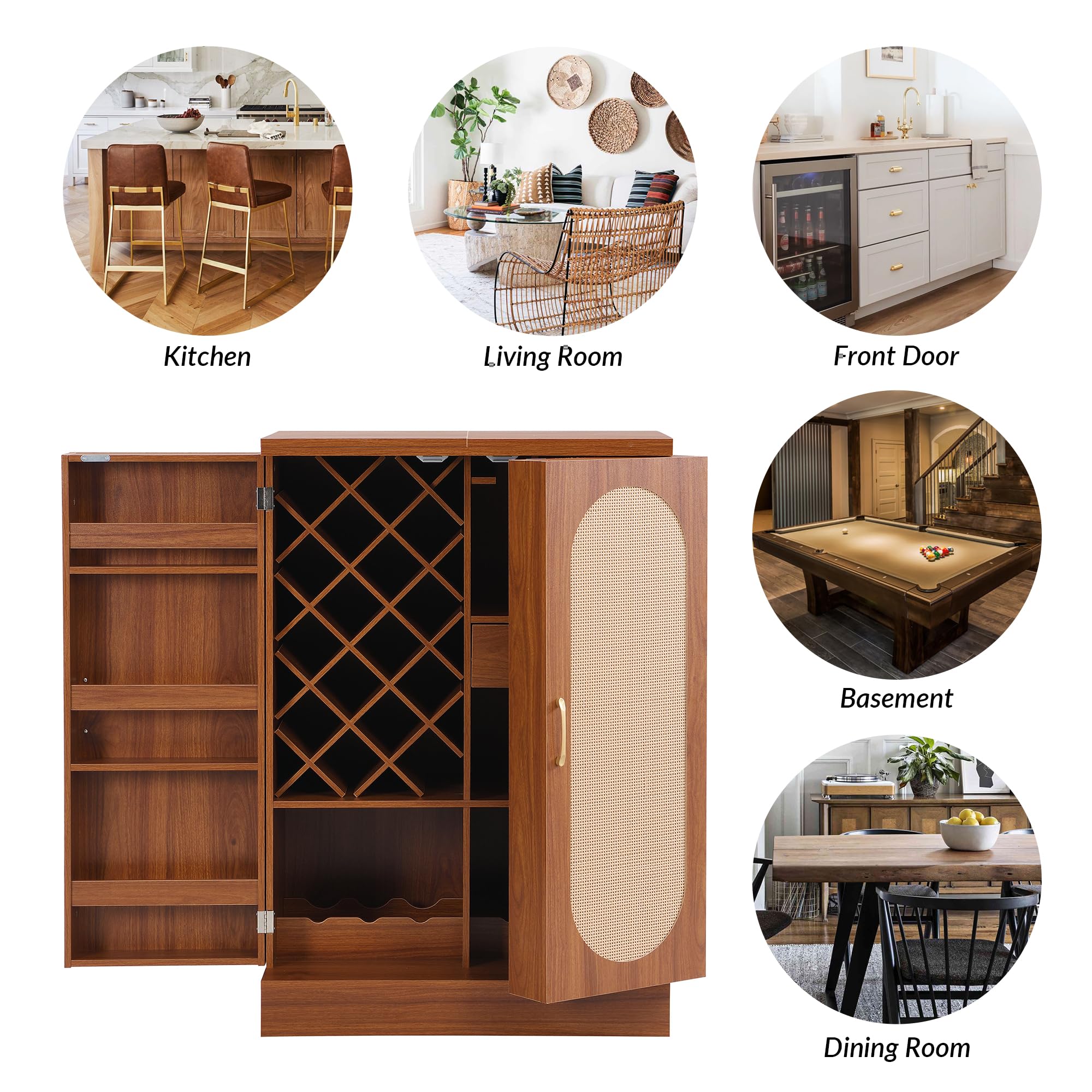 Merax Modern Bar Cabinet with Wine and Glass Rack, Industrial Freestanding Liquor Table & Large Storage Space, Fold Out Rattan Door, 41.9" Home Buffet Sideboard for Kitchen, Dining Room, Walnut