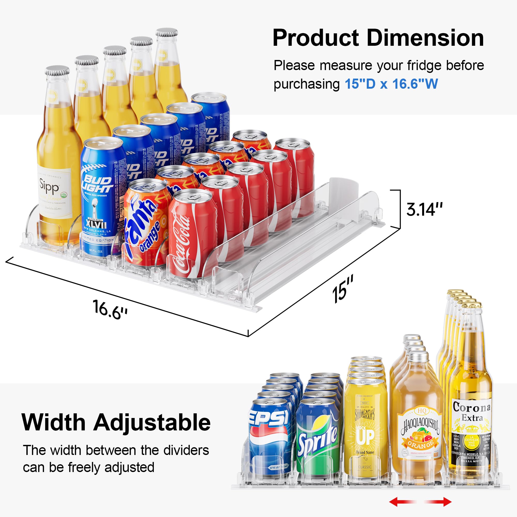 LAMU Drink Organizer for Fridge, Soda Can Organizer Dispenser for Refrigerator with Automatic Pusher Glide, Width Adjustable Clear Dividers Can Holder for 6-20oz Beverage, 15''D x16.6''W, 5 Rows