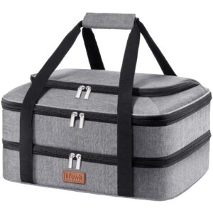 lifewit double decker casserole carrier for hot and cold food, insulated casserole dish carrier carrying case with tool room, thermal bag for potluck parties cookouts fits 9"×13" baking dish, gray