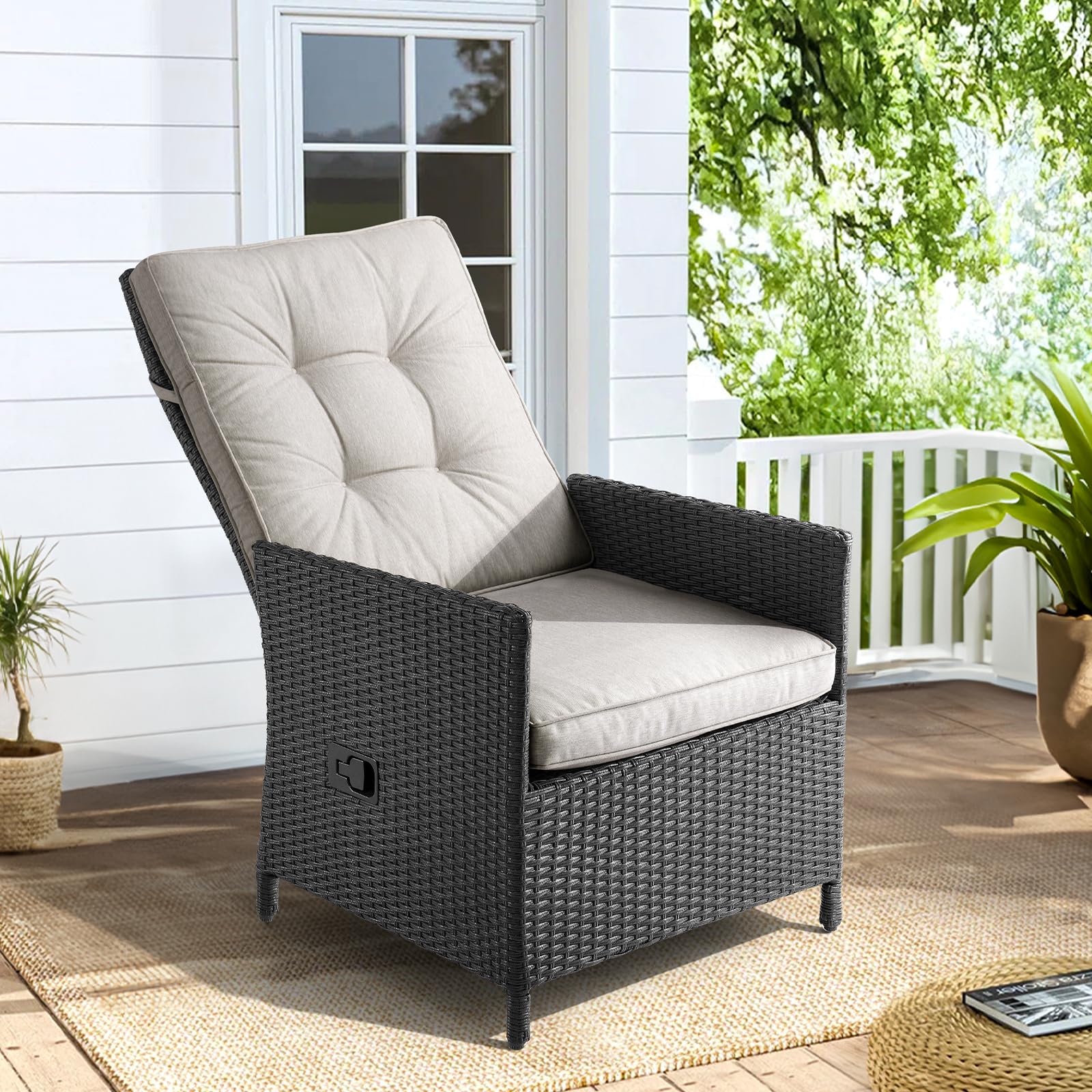 Outdoor Recliner Chair, All-Weather PE Wicker Adjustable Reclining Lounge Chair Rattan Reclining Chair with Adjustable Back and Removable Olefin Cushion for Relaxing Reading Sunbathing Napping