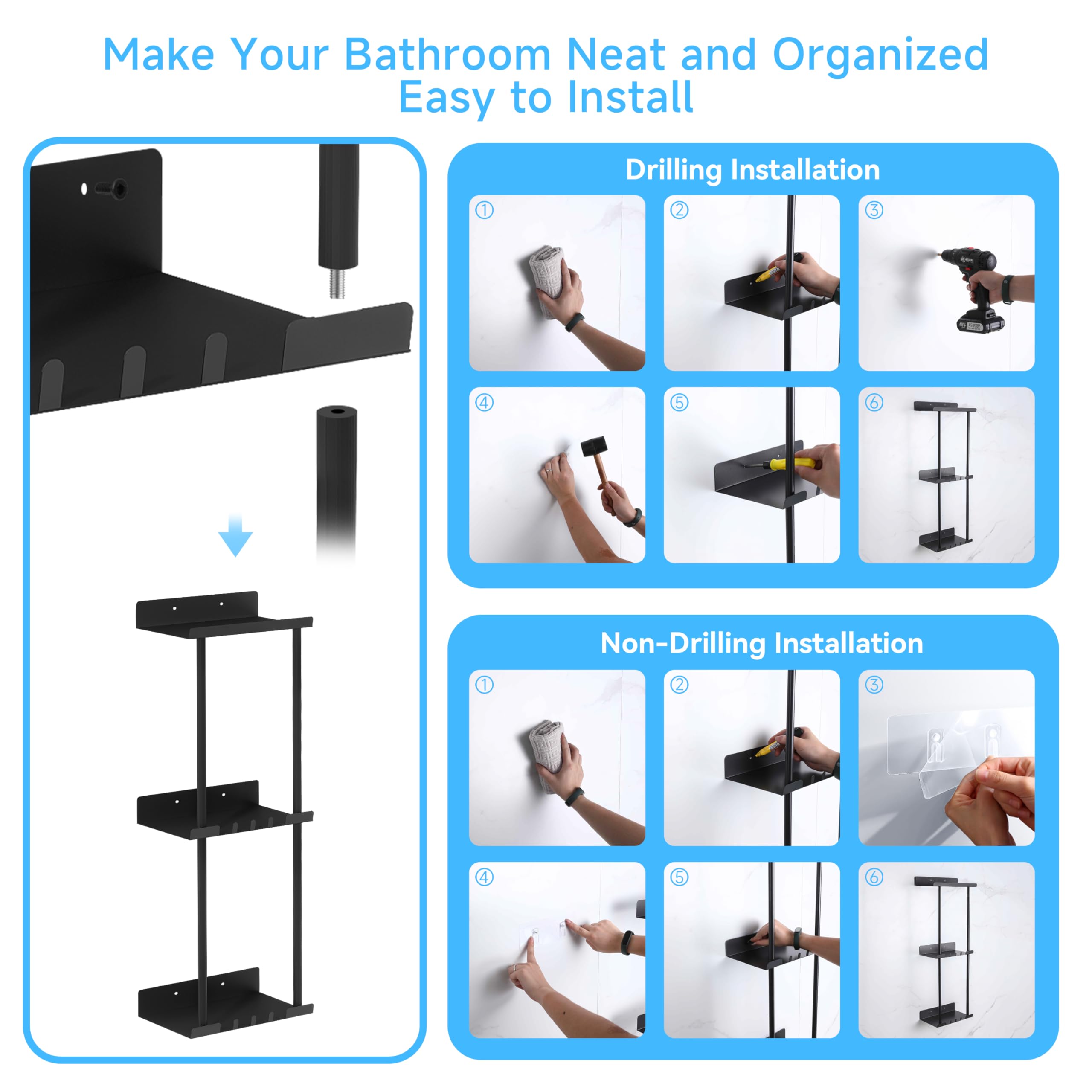 RRM Towel Racks for Bathroom, 3 Tier Wall Towel Holder, Metal Wall Towel Rack Mounted Towel Storage Towel Storage with 3 Tier Metal Shelf and 6 Hooks for Small Bathroom (Matte Black)