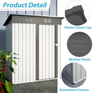 Outdoor Storage Shed 5 X 3 Ft Galvanized Metal Garden Shed with Lockable Doors, Tool Storage Shed for Patio Lawn Backyard Trash Cans