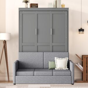 lz leisure zone queen size murphy bed, wooden queen murphy bed with cushion, wall bed with sofa for home office or small room, gray