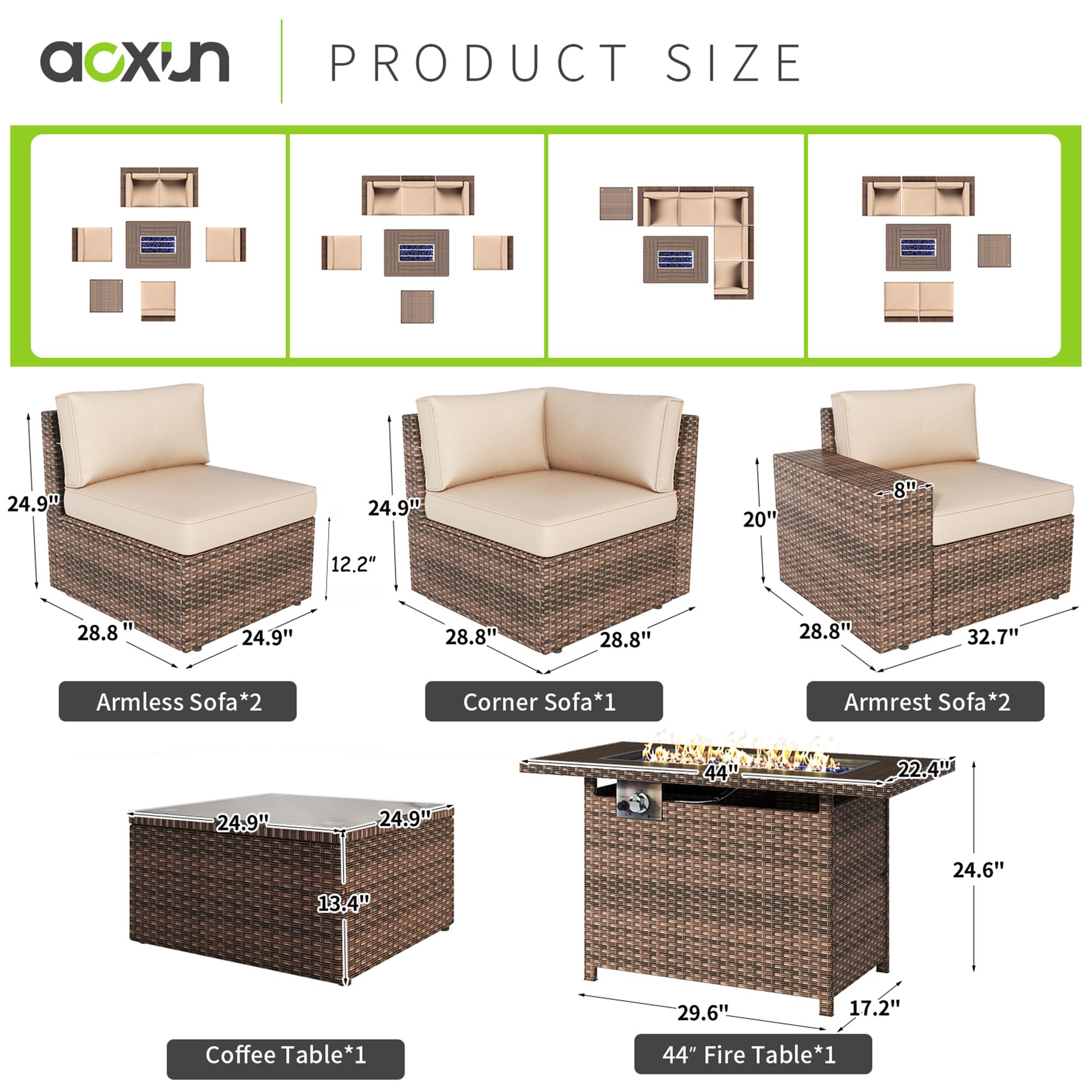 Aoxun 7 Pieces Patio Furniture Set Outdoor Wicker Rattan Furniture 44” Fire Pit Table Outdoor Sectional Sofa Include Waterproof Cover with Thickened Cushions (7 Piece, Beige)