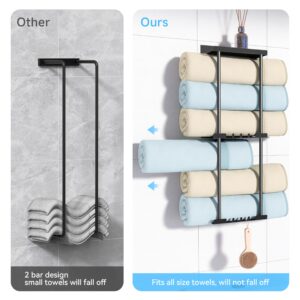 RRM Towel Racks for Bathroom, 3 Tier Wall Towel Holder, Metal Wall Towel Rack Mounted Towel Storage Towel Storage with 3 Tier Metal Shelf and 6 Hooks for Small Bathroom (Matte Black)