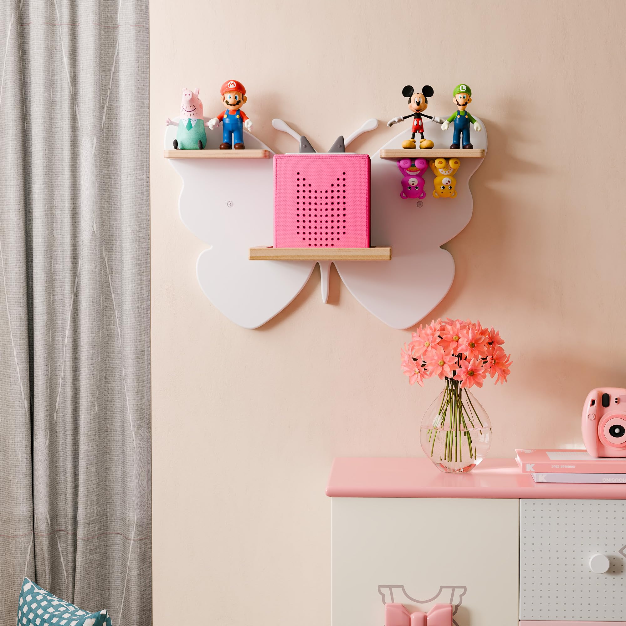 Eostbe Butterfly Tonie Shelf for Tonie and Tonie Box - White Magnetic Tonie Wooden Floating Shelf for Tonie Storage, Cute Tonie Wall Shelf for 8-12 Tonie Figures,Tonie Box Shelf Wall Mounted for Kids