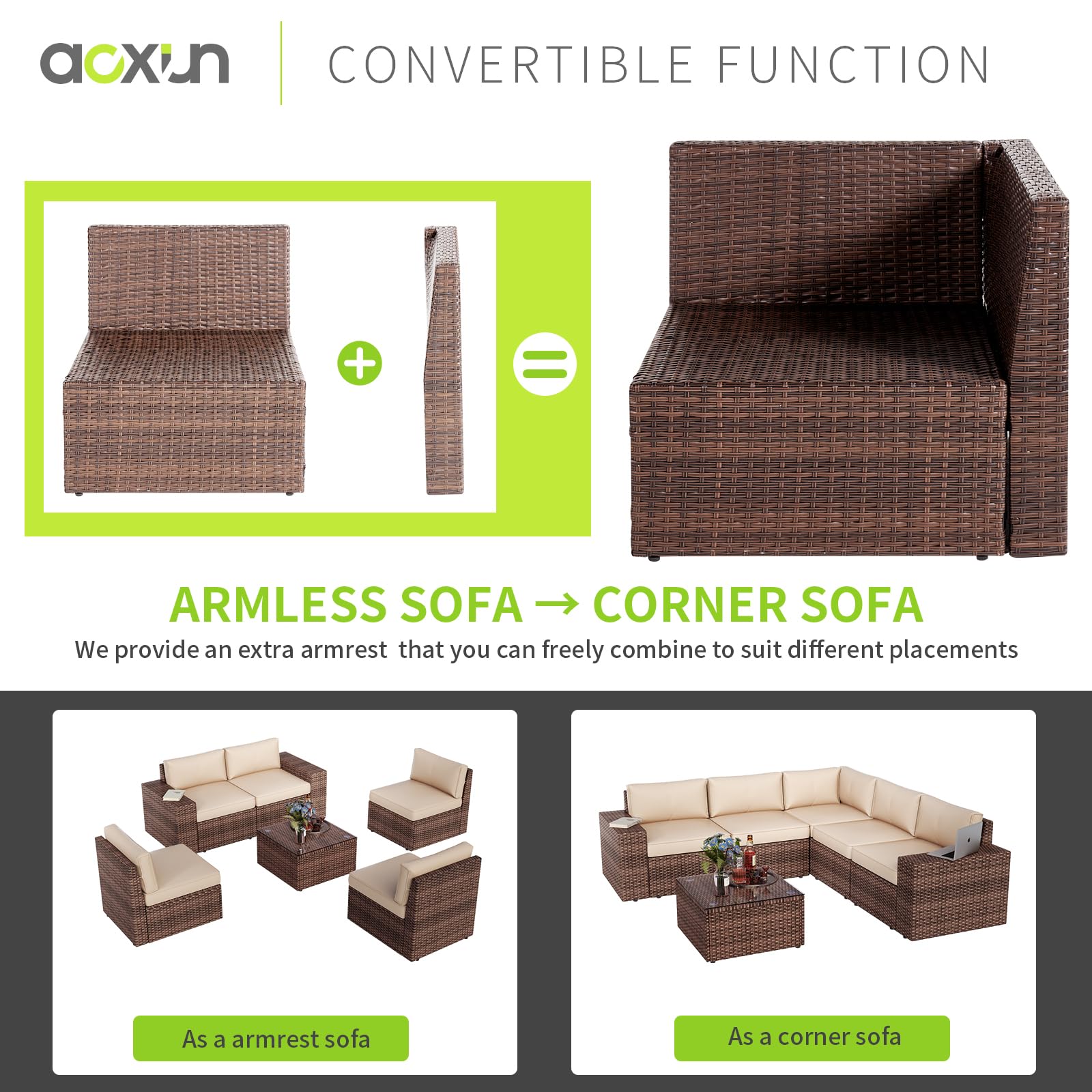 Aoxun 7 Pieces Patio Furniture Set Outdoor Wicker Rattan Furniture 44” Fire Pit Table Outdoor Sectional Sofa Include Waterproof Cover with Thickened Cushions (7 Piece, Beige)