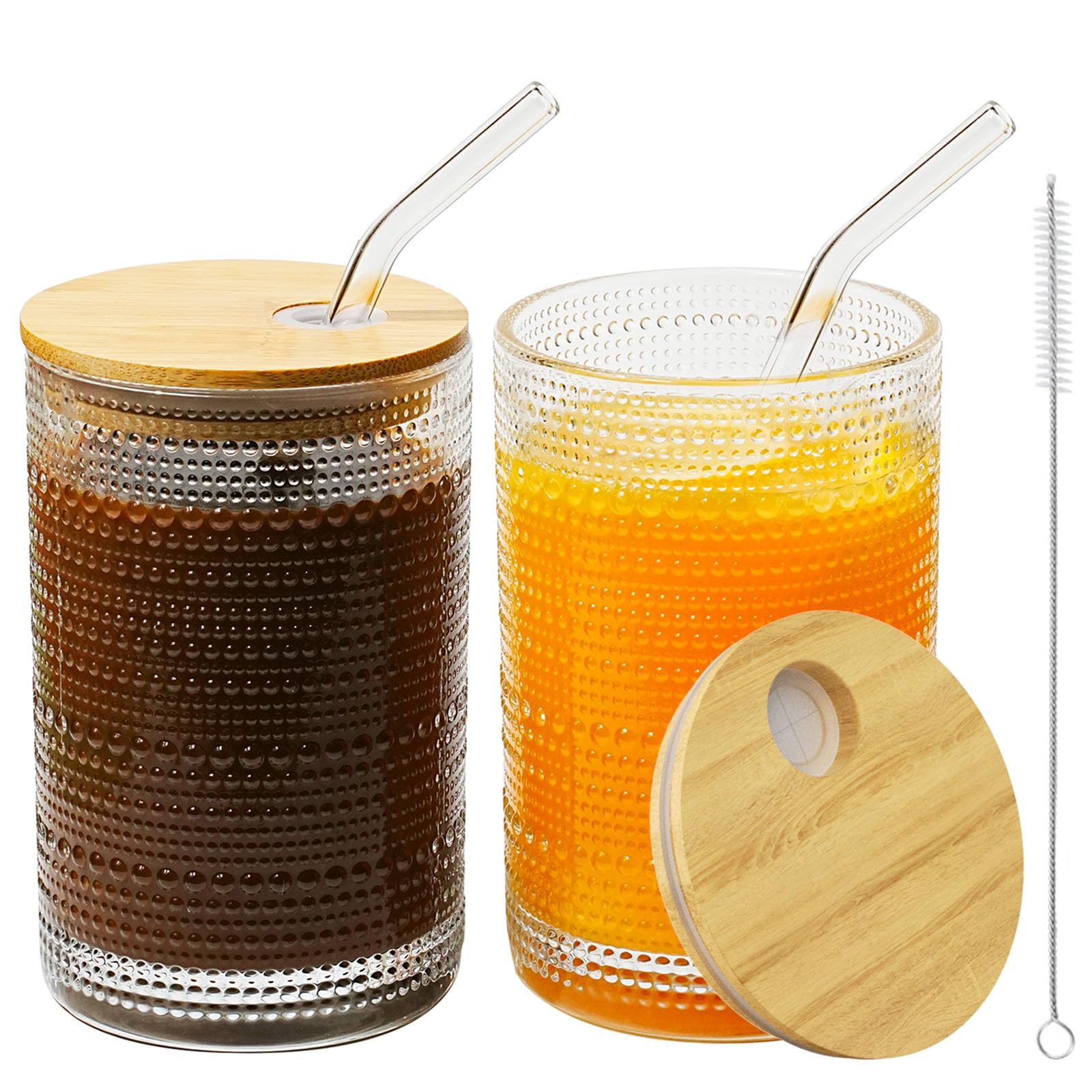 CWHHRN 15OZ Glass Cup with Lid and Straw, Vintage Embossed Glassware for Whiskey Cocktail Beer, Iced Coffee Cups with Lid, Glass Tumbler with Straw and Lid (2 PACK)