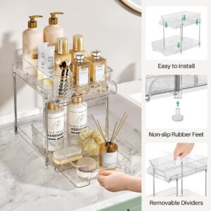 2 Packs 2-Tier Bathroom Counter Organizer, Pull-Out Skincare Perfume Make up Organizers for Vanity Countertop Tray with 4 Removable Dividers, Transparent Bathroom Organizers and Storage for Cabinet