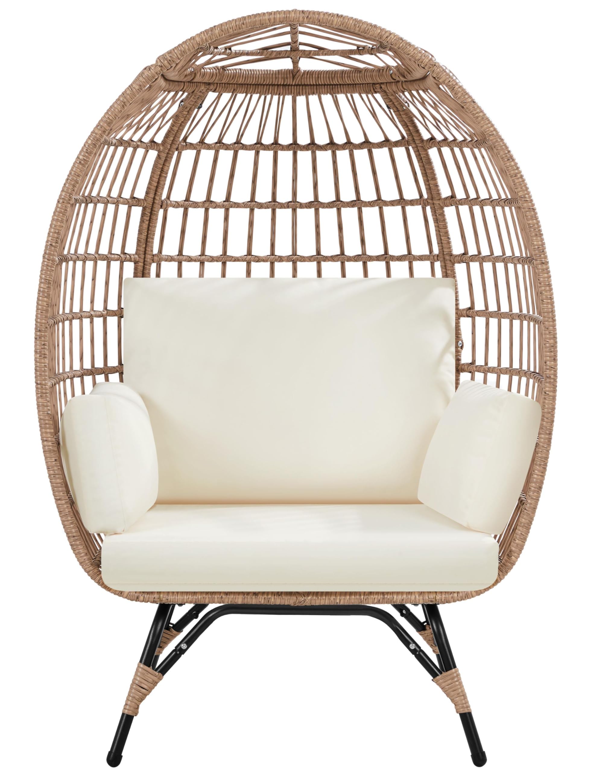 Yaheetech Egg Rattan Chair, Indoor/Outdoor PE Rattan Egg Basket Lounge Chair w/ 4 Cushions, Oversized Egg-Shaped Chair w/Metal Frame Stand for Patio, Backyard, Living Room - Light Brown/Ivory