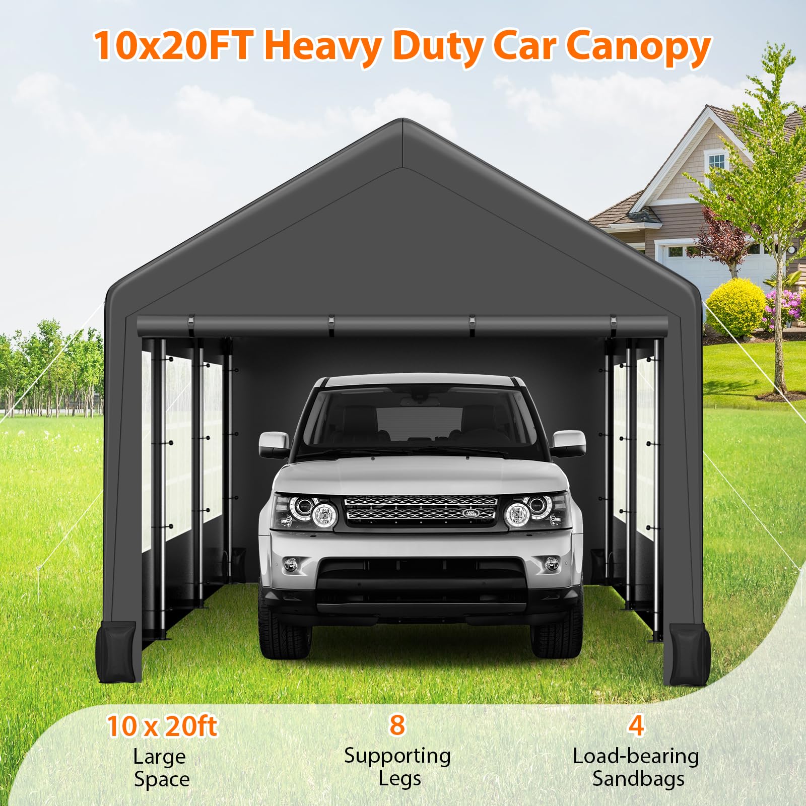 Carport 10x20ft Portable Garage, Heavy Duty Car Canopy with Roll-up Ventilated Windows & Side Doors, All-Season Tarp Car Port for SUV, Car, Truck, Boat