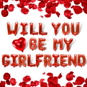 will you be my girlfriend - will you be my girlfriend balloons, 16" red letter balloons with 200pcs artificial rose petals, be my girlfriend proposal balloon banner for valentine day party decorations