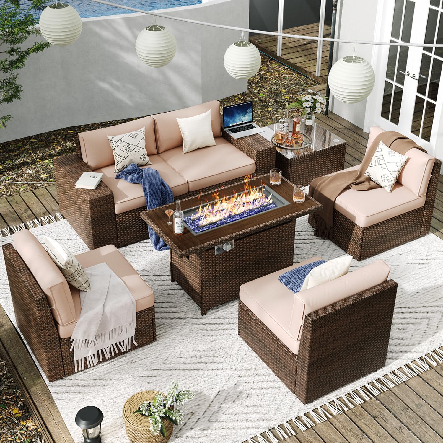 Aoxun 7 Pieces Patio Furniture Set Outdoor Wicker Rattan Furniture 44” Fire Pit Table Outdoor Sectional Sofa Include Waterproof Cover with Thickened Cushions (7 Piece, Beige)