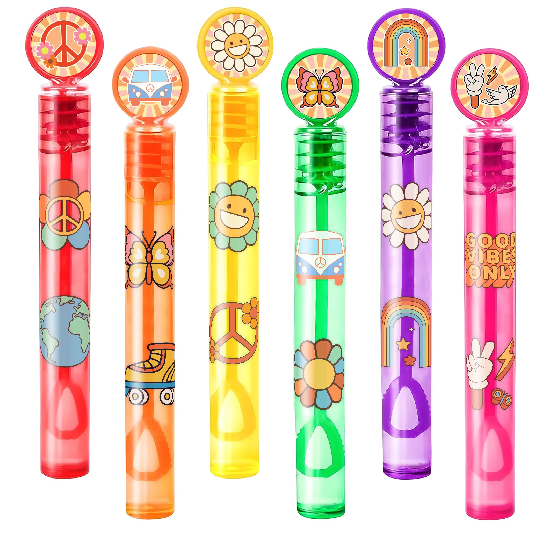 24PCS Groovy 70s DIY Bubble Wands Party Favors 96PCS Stickers for Goodie Bag Fillers Pinata Stuffers Mini Bubble Bulk Birthday Party Supplies Toys Gifts Class Prizes Toddlers Boys Girls