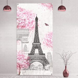 tatuo paris eiffel tower backdrop pink eiffel tower background banner 70.9 x 35.4 inch paris pink tree wall hanging decor for girls bedroom living room photograph party decoration