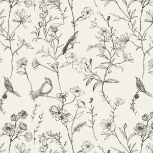 toduso peel and stick wallpaper floral removable wallpaper black and beige wallpaper vintage self adhesive decorative contact paper bird boho wallpaper leaf covering vinyl roll 17.3" x78.7"