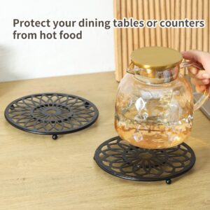 TEAKISS 2 Pack Decorative Round Flower Trivets - 7 Inch Iron Pot Pads, Black Elegant Kitchen and Dining Table Protector, Teapot Stands Holders