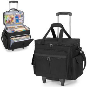 trunab rolling scrapbook tote with expandable file pocket, large craft organizer and storage bag with detachable trolley and bottom support panel for scrapbooking supplies and art tools, black