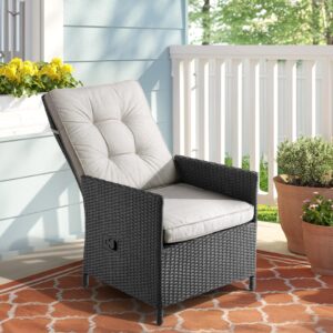 outdoor recliner chair, all-weather pe wicker adjustable reclining lounge chair rattan reclining chair with adjustable back and removable olefin cushion for relaxing reading sunbathing napping