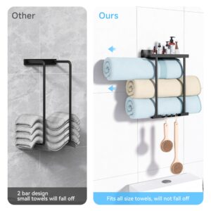 RRM Towel Racks for Bathroom, 2 Tier Wall Towel Holder, Metal Wall Towel Rack Mounted Towel Storage Towel Storage with 2 Tier Metal Shelf and 3 Hooks for Small Bathroom (Matte Black)