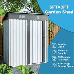 Outdoor Storage Shed 5 X 3 Ft Galvanized Metal Garden Shed with Lockable Doors, Tool Storage Shed for Patio Lawn Backyard Trash Cans