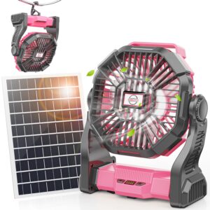 art in real 10400mah solar powered fan, portable solar fan with led lantern, camping fan with 7w solar panel, stepless speed battery powered fan for travel, camping,office,outdoor＆indoor(pink)