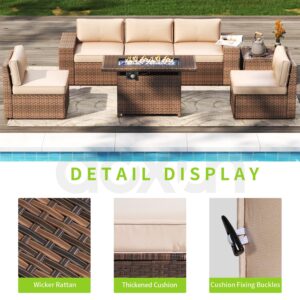 Aoxun 7 Pieces Patio Furniture Set Outdoor Wicker Rattan Furniture 44” Fire Pit Table Outdoor Sectional Sofa Include Waterproof Cover with Thickened Cushions (7 Piece, Beige)