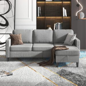 balus convertible sectional sofa couch, 3-seat l-shaped, free-form with movable storage ottoman, modern design for living room and office spaces, comfortable and versatile（light gray）