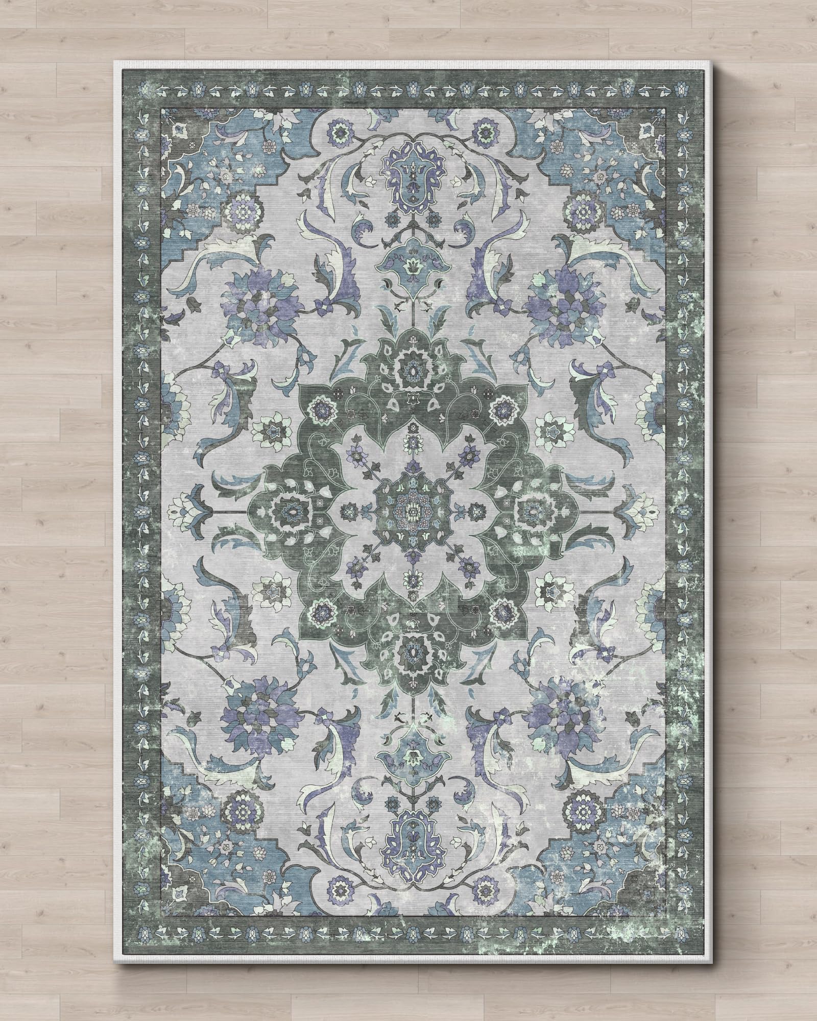 Roseek Door Mat 2x3 Rug, Small Boho Area Rug for Living Room, Machine Washable Kitchen Rugs Non-Slip, Entry Mat Indoor Low Pile Throw Floral Rugs Grey Carpet for Bedroom, Entryway, Hallways