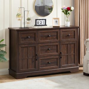 khljju 5+2 cherry dresser for bedroom, chest of drawers for bedroom with 5 wooden drawers and 2 cross doors, wood dressers storage tv stand for bedroom, living room