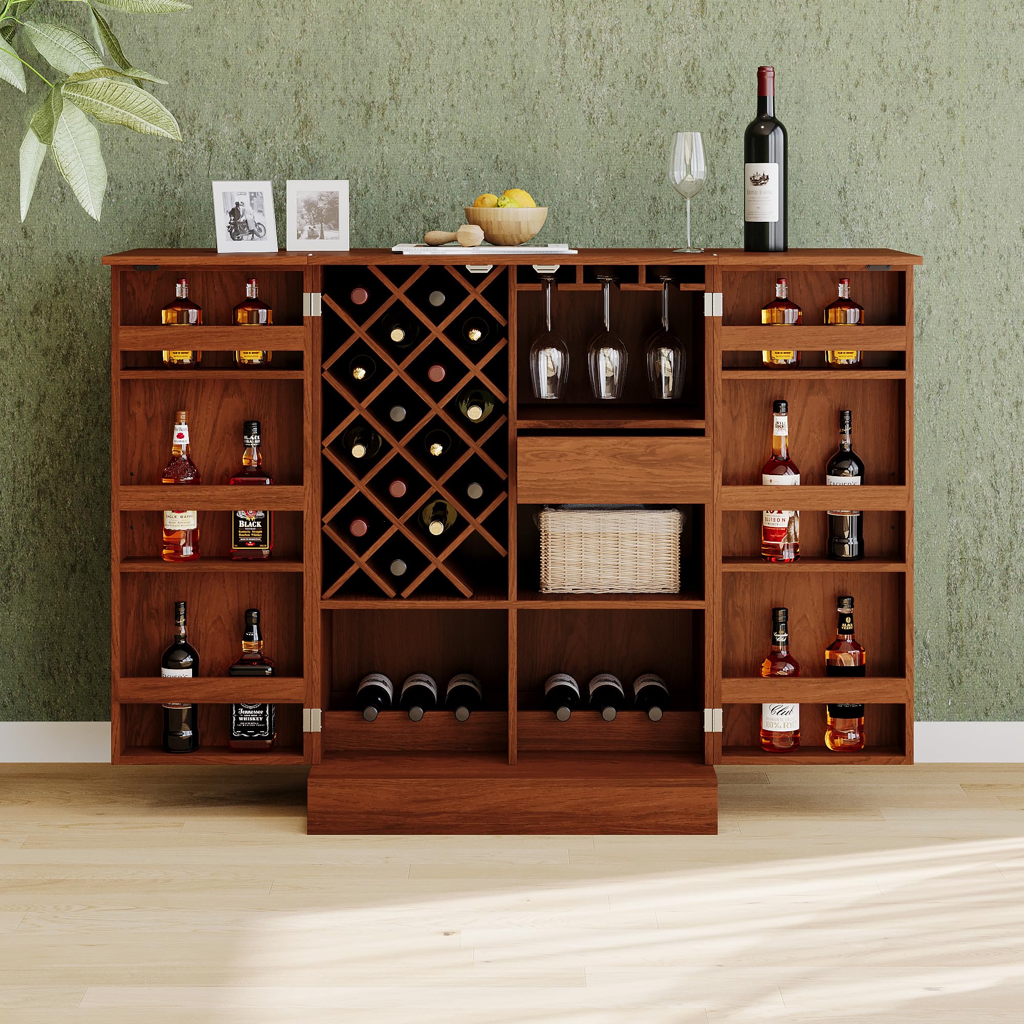 Merax Modern Bar Cabinet with Wine and Glass Rack, Industrial Freestanding Liquor Table & Large Storage Space, Fold Out Rattan Door, 41.9" Home Buffet Sideboard for Kitchen, Dining Room, Walnut