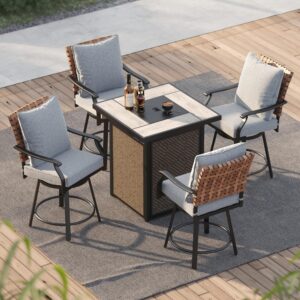 grand patio 5-piece swivel patio bar set with fire pit table 40,000 btu heat output, leather-look wicker outdoor height patio bar stools set of 5, patio bar height chairs with high back and armrest