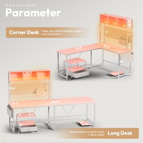 Dowinx L Shaped Gaming Desk with Pegboard and Removable Filing Cabinet, Reversible 67” Computer Gaming Desk with Power Outlet and Led, Office Corner Desk with Storage for Home Game, Pink