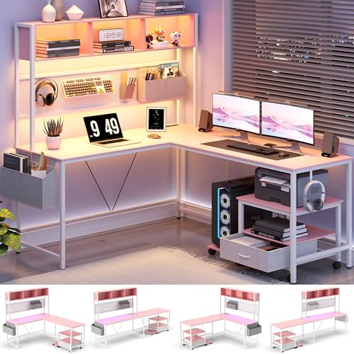 Dowinx L Shaped Gaming Desk with Pegboard and Removable Filing Cabinet, Reversible 67” Computer Gaming Desk with Power Outlet and Led, Office Corner Desk with Storage for Home Game, Pink