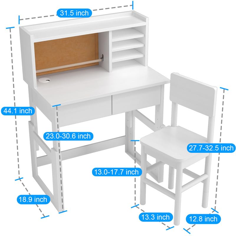 NKUGCFC White Kids Desk and Chair Set for 5-18 Year Old,Ergonomic Height Adjustable Childrens Study Desk with 2 Drawers,Kids Art Table with Storage-7HsbQo