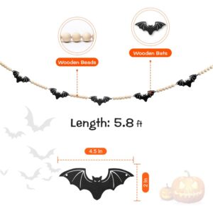 AKEROCK Halloween Garland, Halloween Decorations Indoor - Farmhouse Wood Bat with Skeleton and Bead Halloween Banner for Fireplace Mantel Decoration - Bats Garland