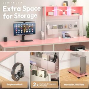 Dowinx L Shaped Gaming Desk with Pegboard and Removable Filing Cabinet, Reversible 67” Computer Gaming Desk with Power Outlet and Led, Office Corner Desk with Storage for Home Game, Pink