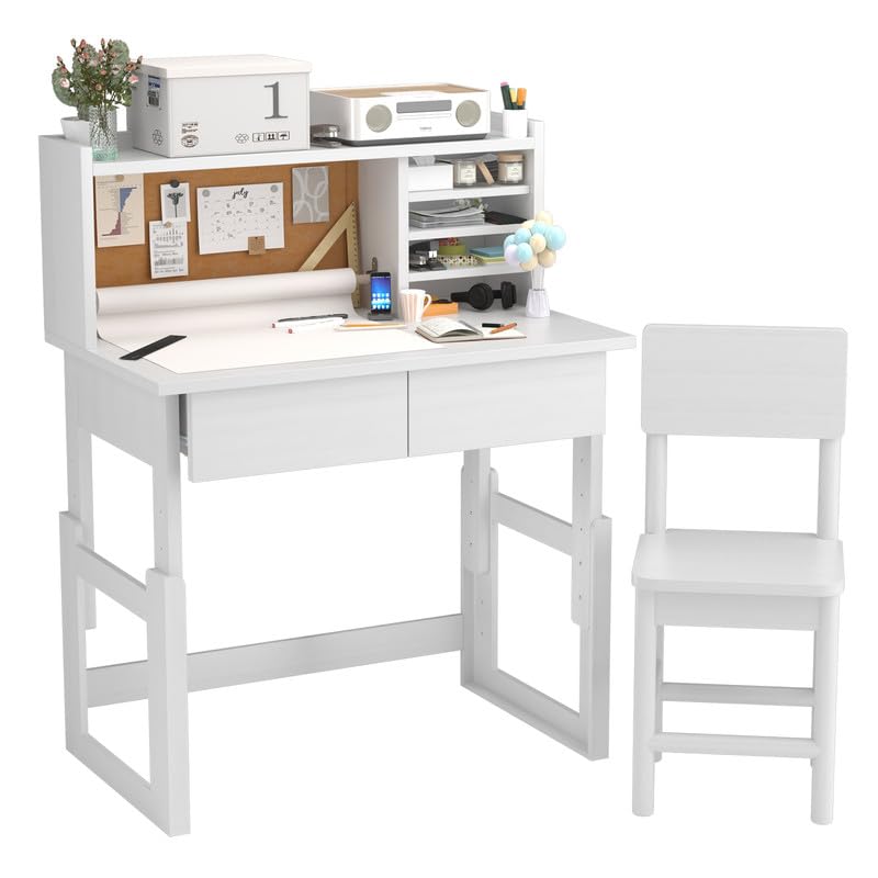 NKUGCFC White Kids Desk and Chair Set for 5-18 Year Old,Ergonomic Height Adjustable Childrens Study Desk with 2 Drawers,Kids Art Table with Storage-7HsbQo