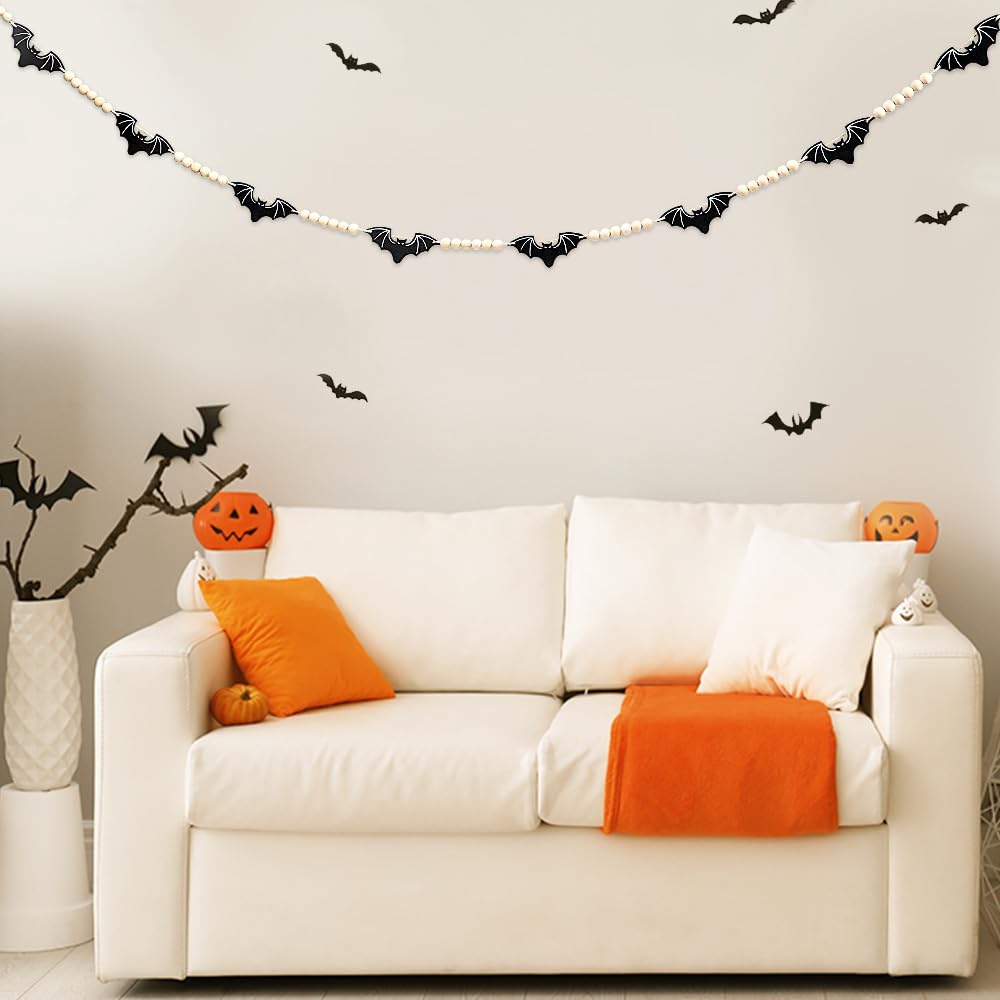 AKEROCK Halloween Garland, Halloween Decorations Indoor - Farmhouse Wood Bat with Skeleton and Bead Halloween Banner for Fireplace Mantel Decoration - Bats Garland