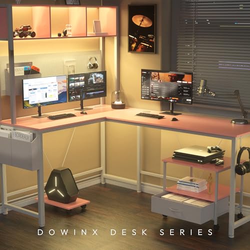 Dowinx L Shaped Gaming Desk with Pegboard and Removable Filing Cabinet, Reversible 67” Computer Gaming Desk with Power Outlet and Led, Office Corner Desk with Storage for Home Game, Pink