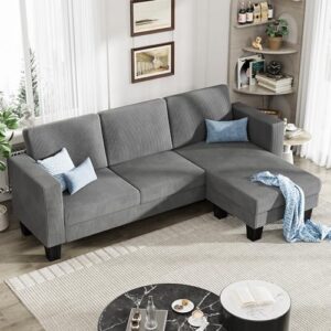 yeshomy l-shaped convertible sectional sofa, 3 seater with corduroy fabric, complete with mobile footrest, 70", gray