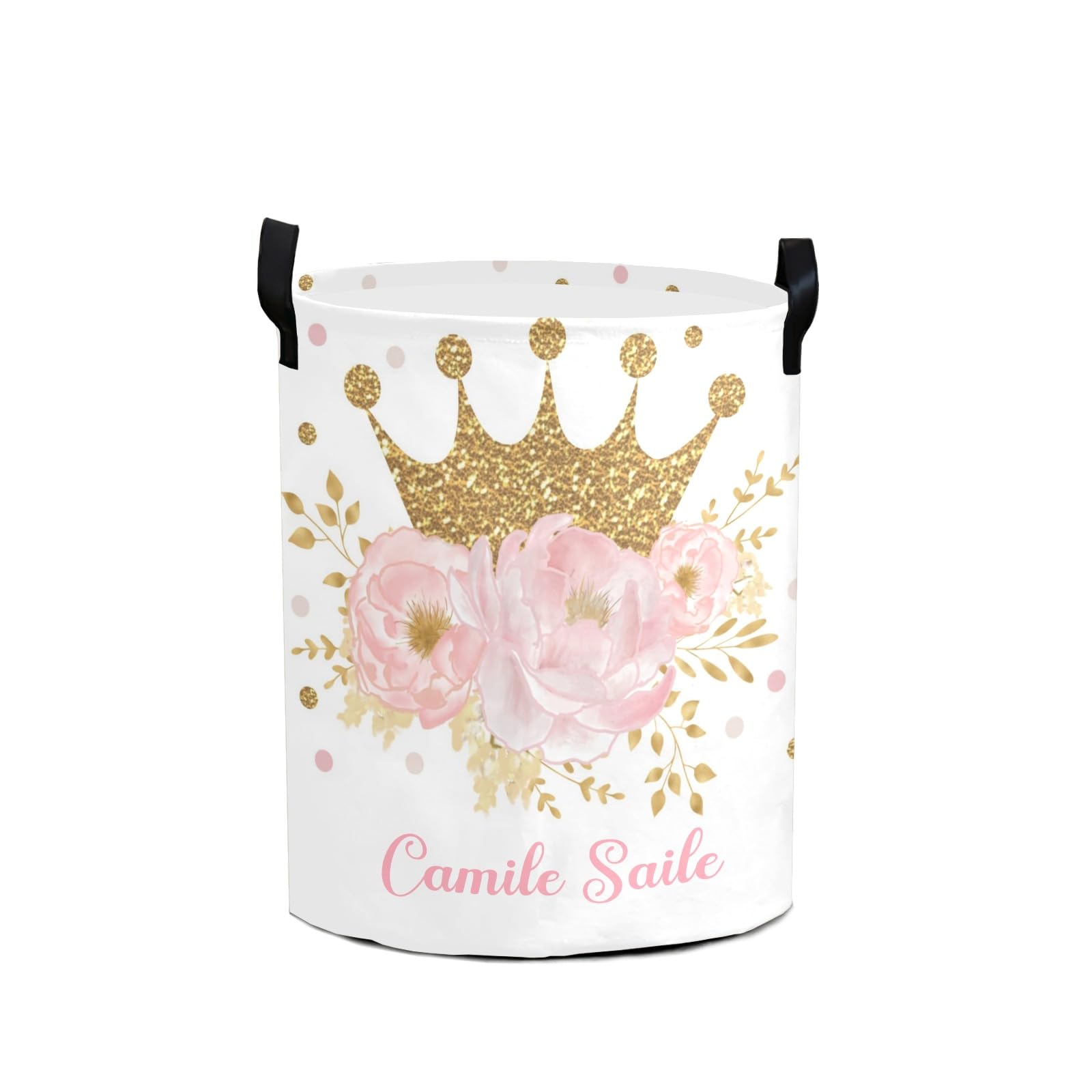 Personalized Laundry Baskets Bin,Pink Floral Gold Crown Princess Laundry Hamper with Handles, Collapsible Waterproof Clothes Hamper,Storage for Bedroom, Bathroom, Toys 50L