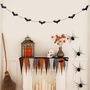 AKEROCK Halloween Garland, Halloween Decorations Indoor - Farmhouse Wood Bat with Skeleton and Bead Halloween Banner for Fireplace Mantel Decoration - Bats Garland